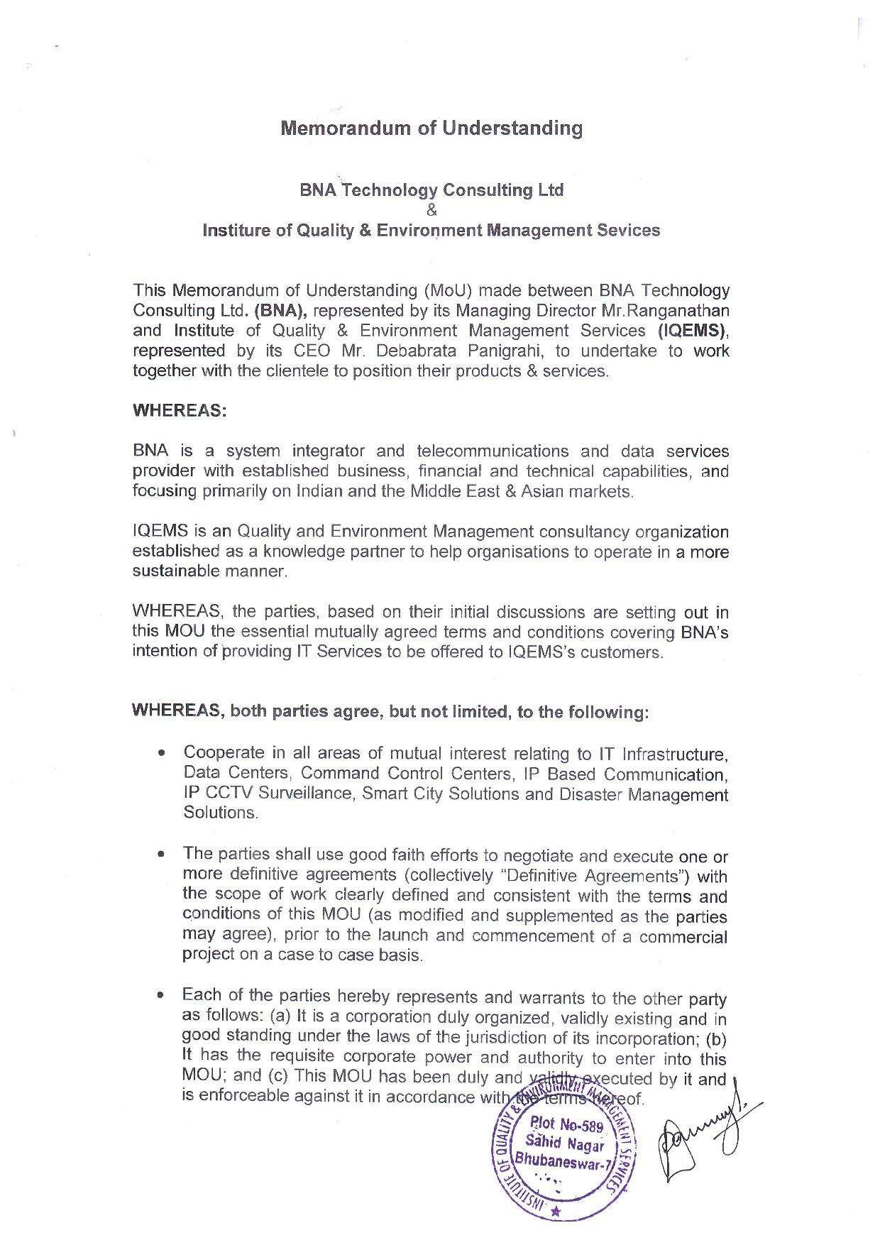 MoU Between BNA Technology & IQEMS – IQEMS India