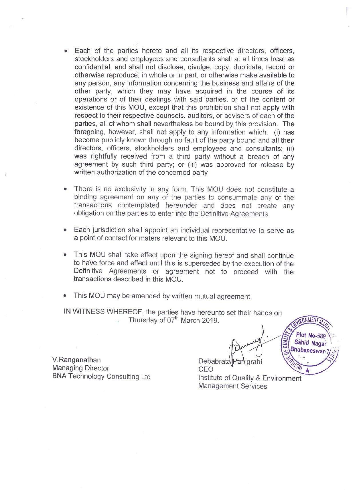 MoU Between BNA Technology & IQEMS – IQEMS India
